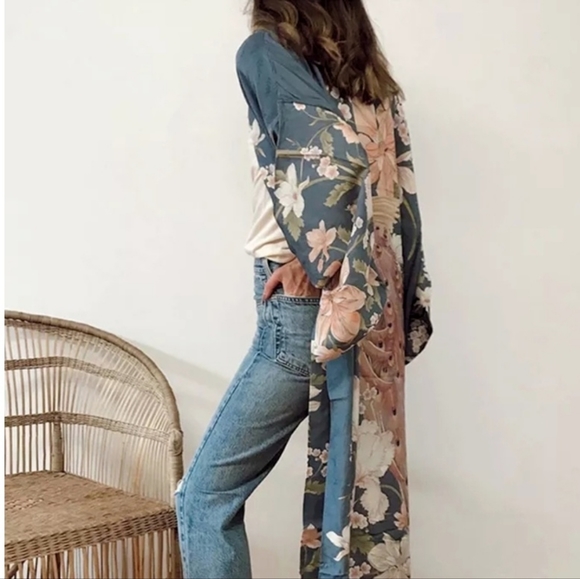 Dresses | New Vintage Floral Print Peacock Kimono Maxi Duster Jacket ...